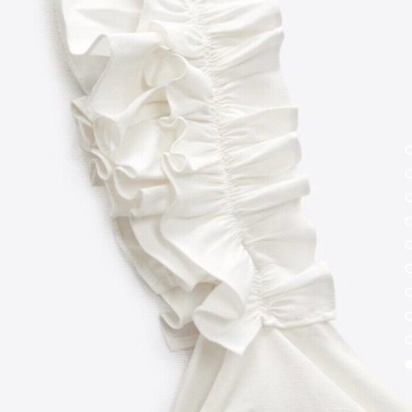 Zara | Dresses | Zara White Ruffle Sleeve Linen Blend Mini Ruched Dress ...